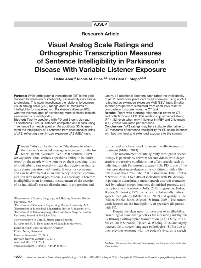 Intelligibility in Parkinson's Disease: VAS vs OT | PDF | Speech ...