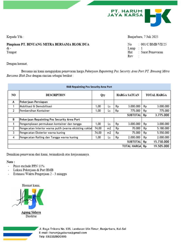 SPH Pekerjaan Repainting Pos Security Area Port BMB 070725 | PDF