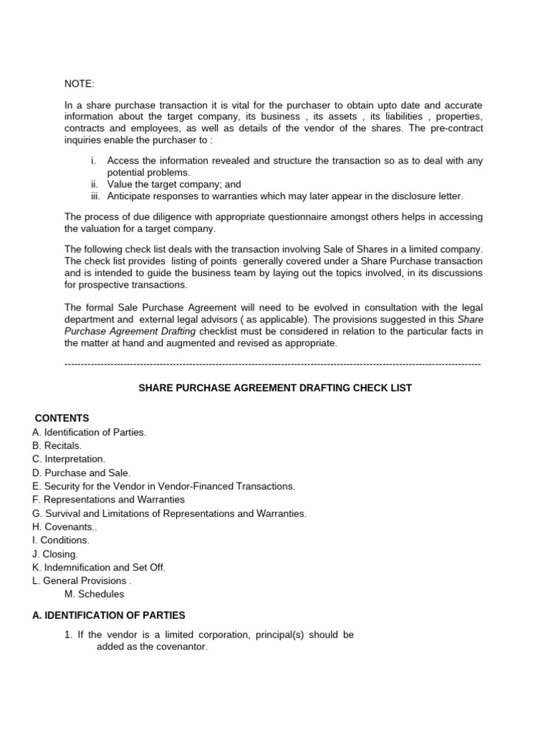Share Purchase Agreement Checklist | PDF | Interest | Indemnity