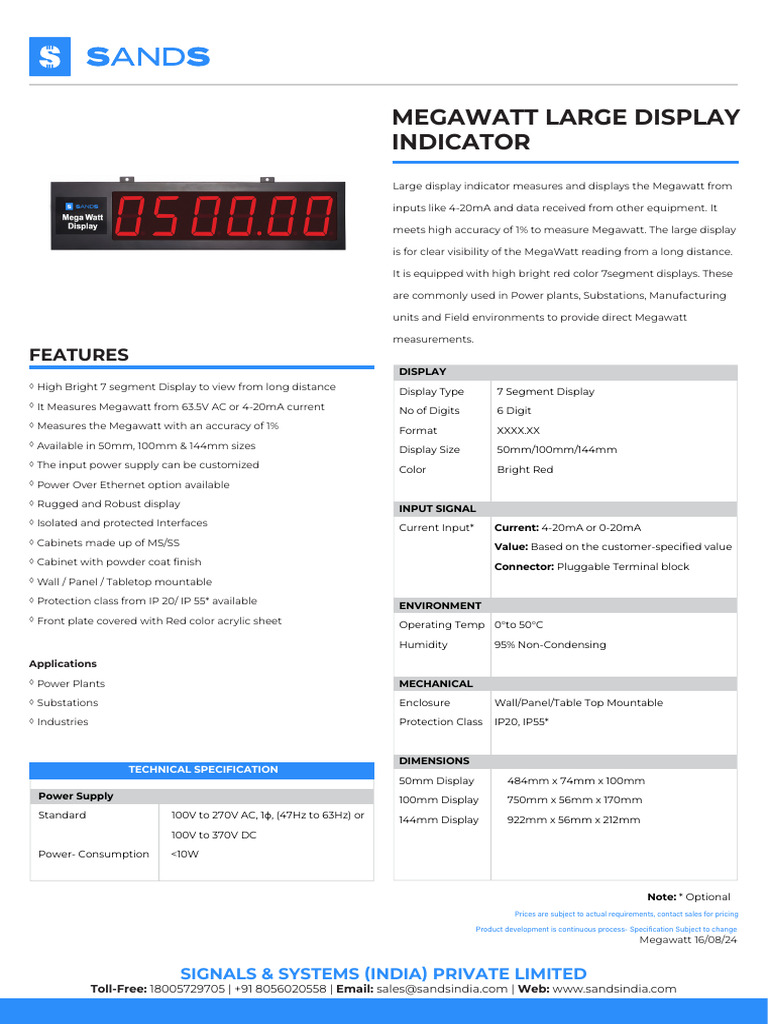 Megawatt Large Display Indicator | PDF | Power Supply | Information And ...
