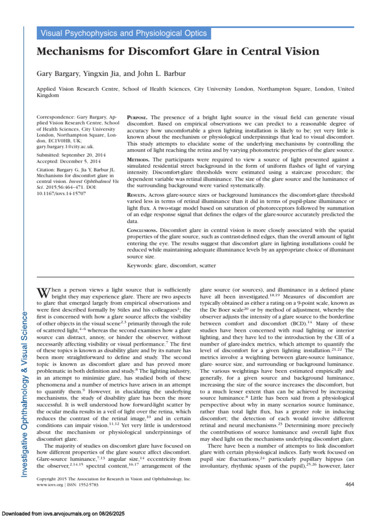 Mechanisms For Discomfort Glare in Central Vision: Visual Psychophysics ...