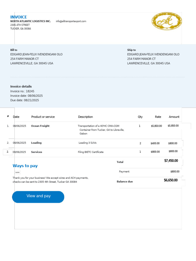 Invoice 18245 From North Atlantic Logistics Inc | PDF