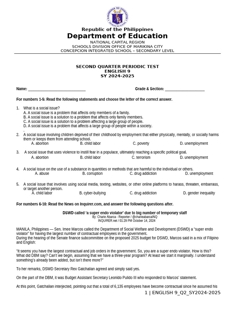 English 9 Second Quarter Test Guide | PDF