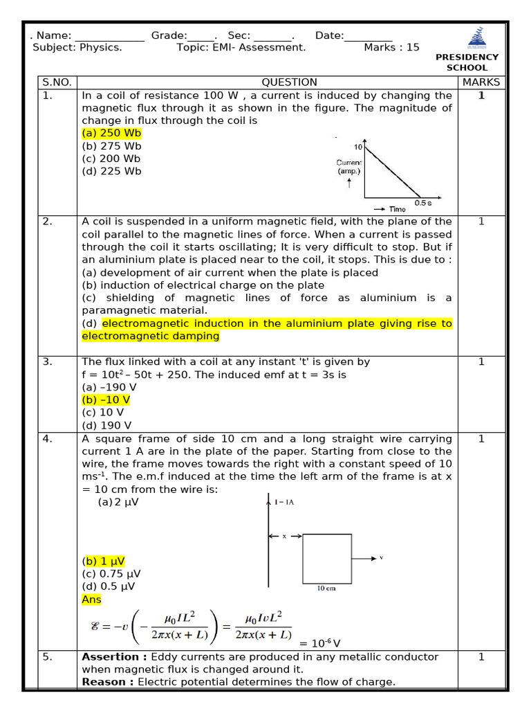 Ak-Ch-6 Electromagnetic Induction Assessment Sheet | PDF | Inductance ...