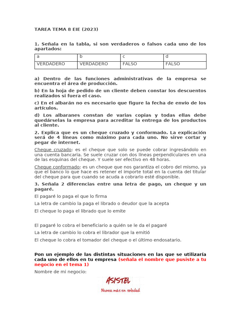 Tarea Del TEMA 8 TES | PDF | Cheque | Factura