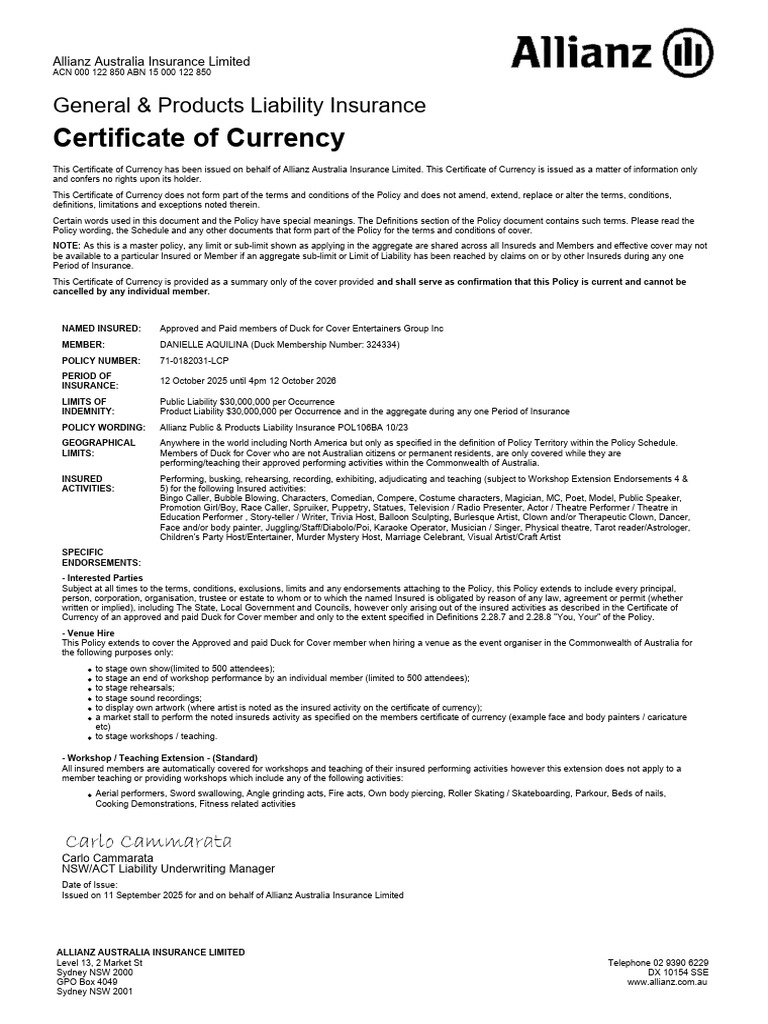Public & Products Liability Insurance Certificate | PDF | Insurance