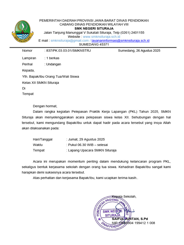 Surat Undangan Pelepasan Pkl Ortu Kelas Xii Pdf 1981
