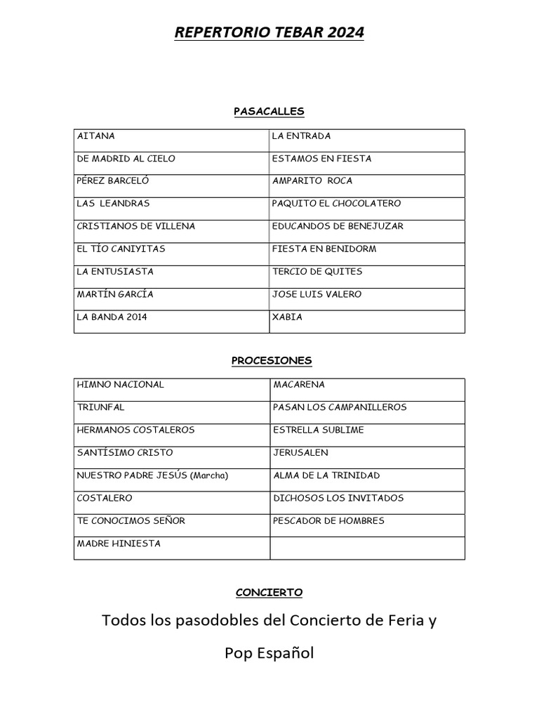 Repertorio Musical Tebar 2024 | PDF