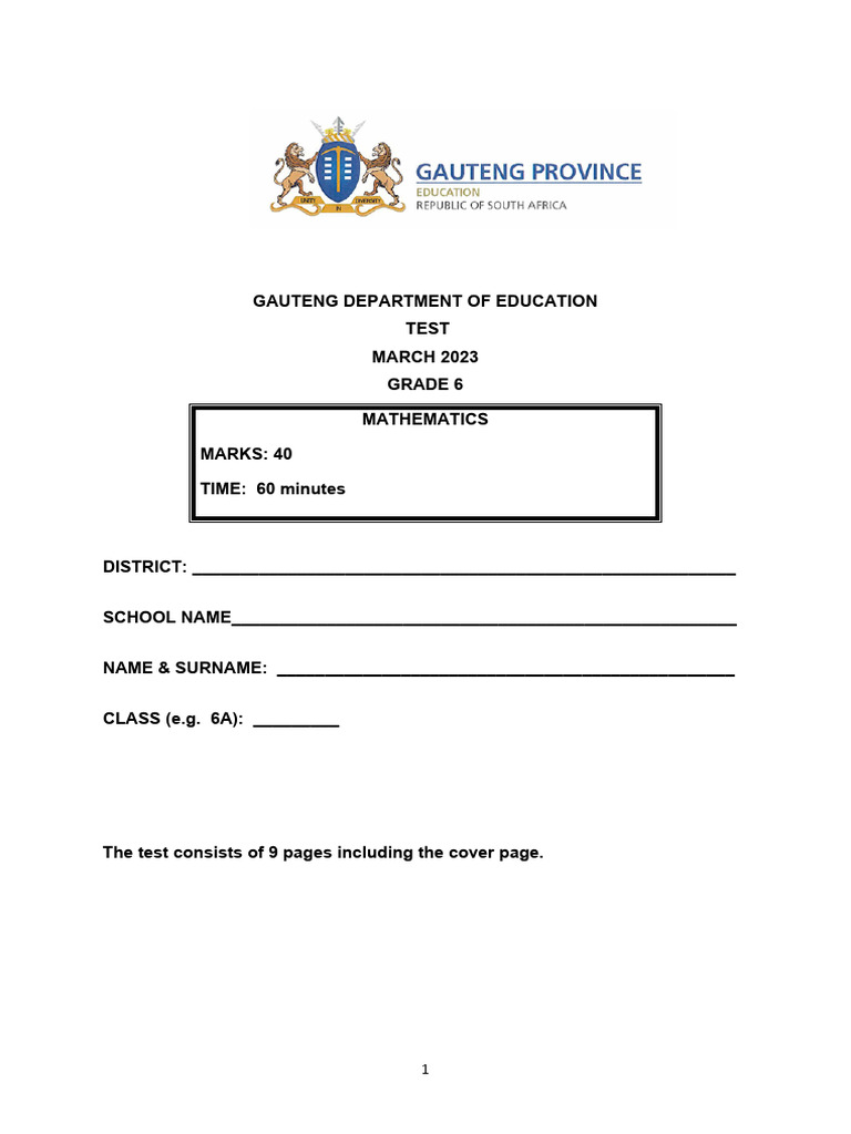 Mathematics Test Term 1 Grade 6 2023 | PDF | Multiplication | Arithmetic
