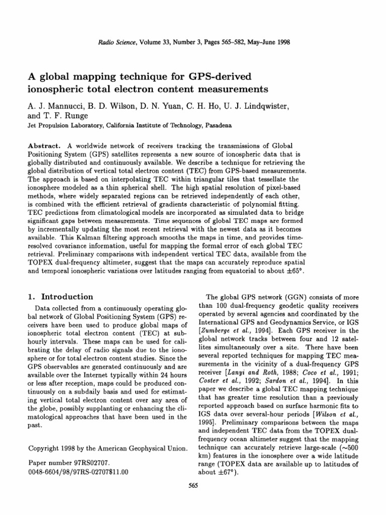 Global TEC Mapping Using GPS Data | PDF | Kalman Filter | Latitude