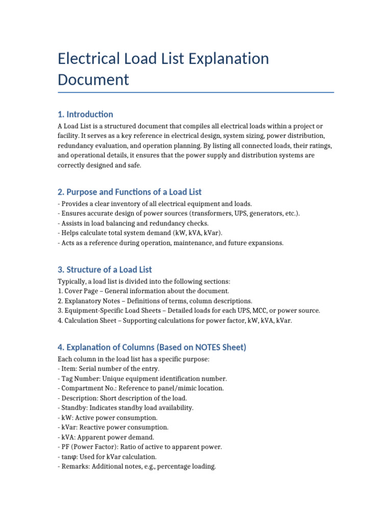 Electrical Load List Overview | PDF