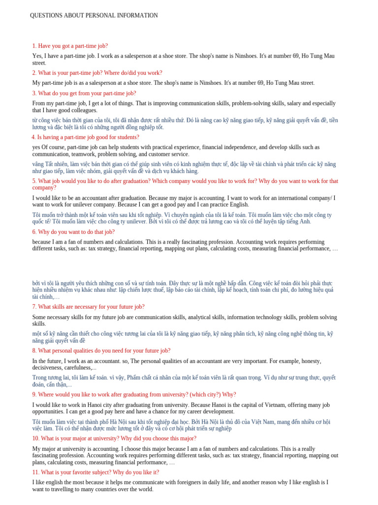 (Speaking) Questions About Personal Information | PDF | Vietnam