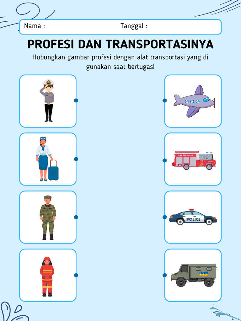 Biru Ilustrasi Menghubungkan Profesi Dengan Transportasinya Lembar ...