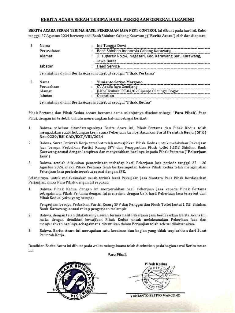 Serah Terima Hasil Pekerjaan Cleaning dan Pest Control | PDF