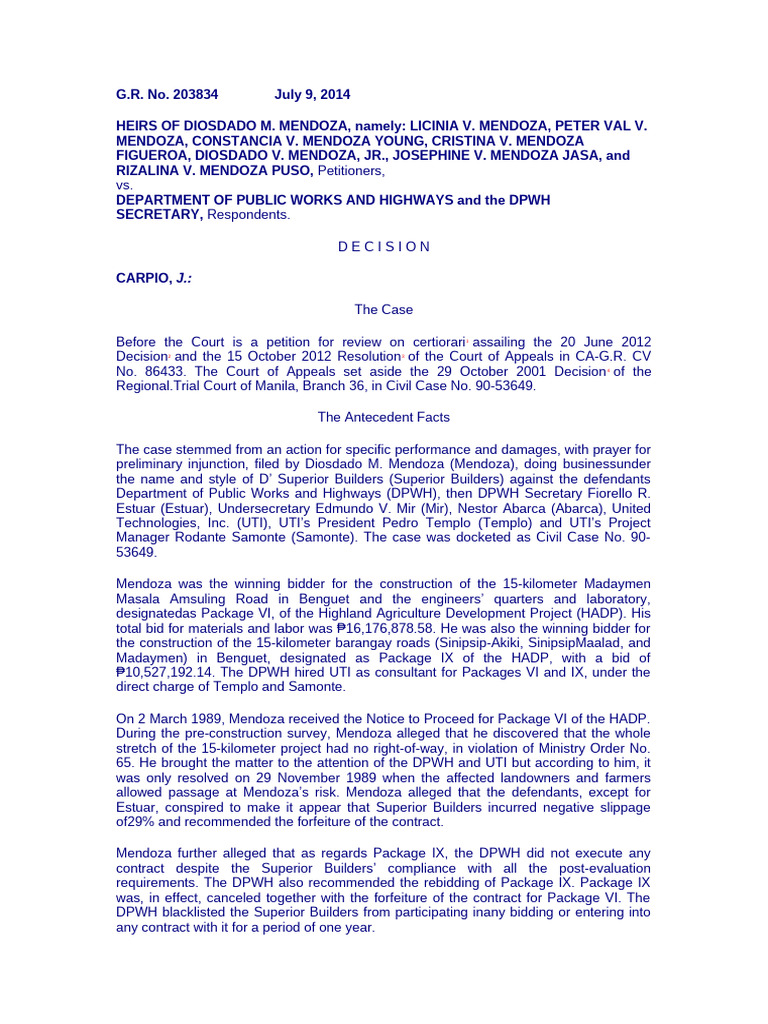 Mendoza vs. DPWH: Contract Dispute Ruling | PDF | Judiciaries | Justice