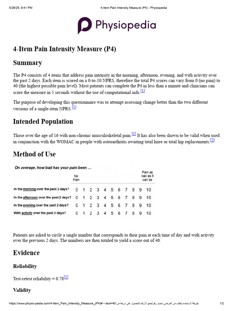 P4 Pain Intensity Questionnaire Overview | PDF