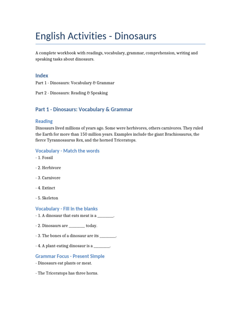 Dinosaurs: English Learning Workbook | PDF | Dinosaurs | Tyrannosaurus