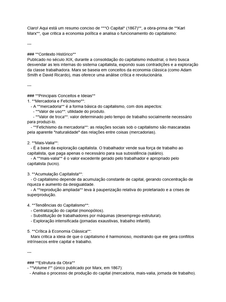 Resumo Do Livro O Capital de Karl Marx PDF | PDF | Capitalismo | Karl Marx