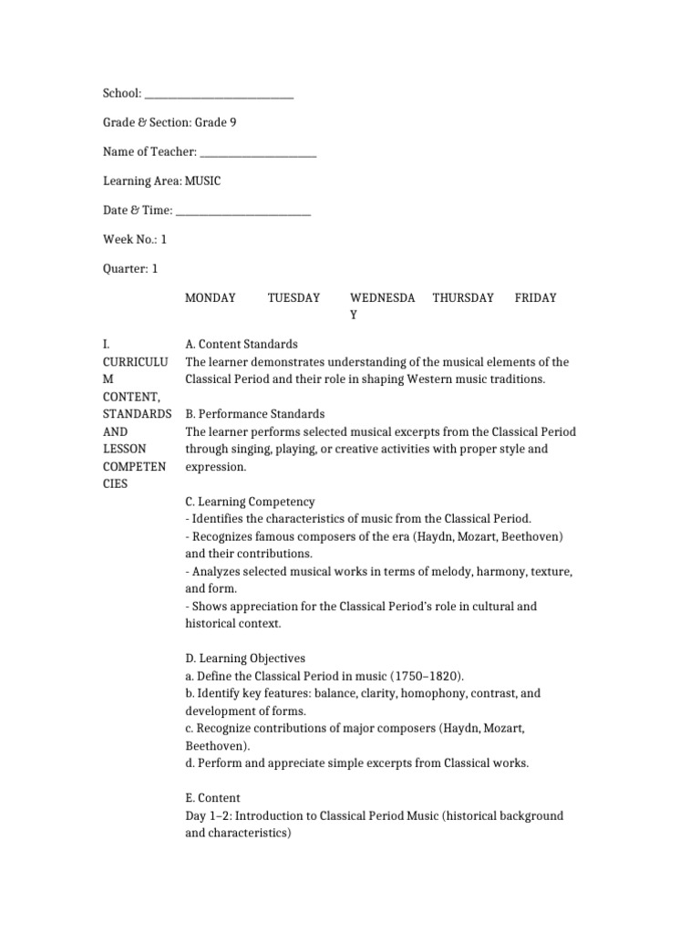 Grade 9 Music Curriculum: Classical Period | PDF | Classical Period ...