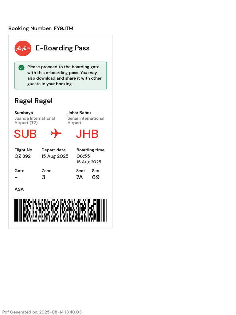 E-Boarding Pass: Booking Number: FY9JTM | PDF