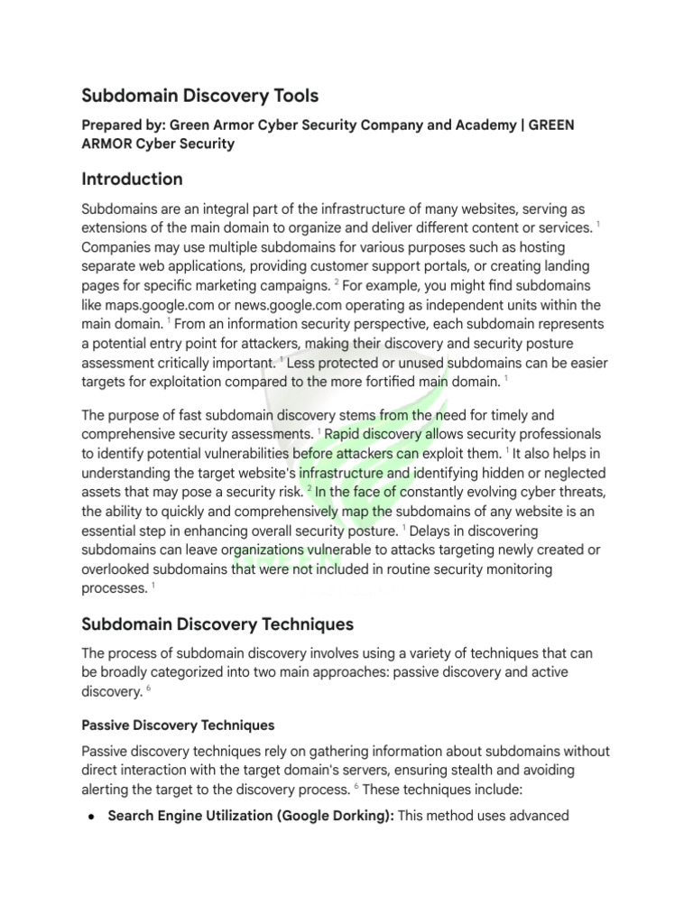 Subdomain Discovery Tools-GREEN ARMOR | PDF | Domain Name System | Computer Security
