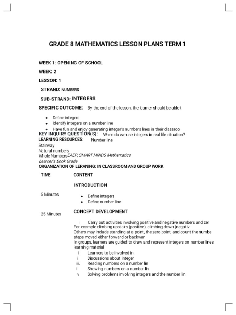 GRADE 8 TERM 1 MATHEMATICS LESSON PLANS - Phoenix | PDF