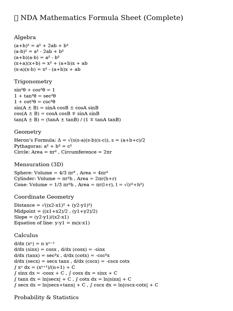 NDA Maths Formula Sheet Final | PDF | Area | Mathematics