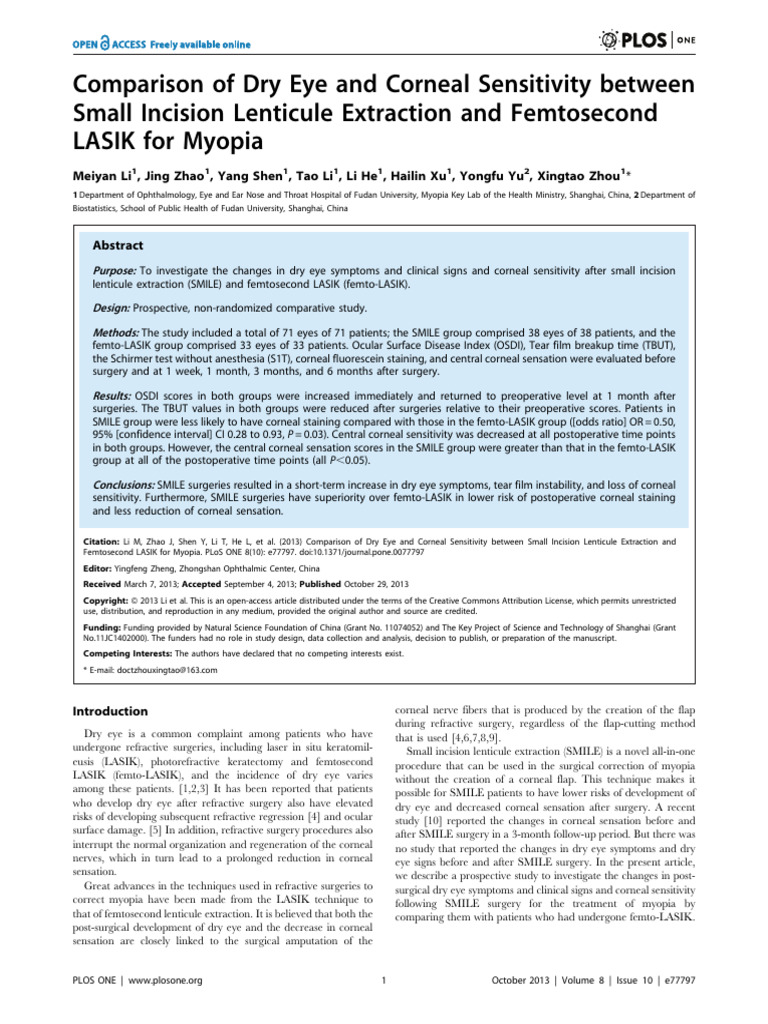Dry Eye and Corneal Sensitivity: SMILE vs. LASIK | PDF | Cornea | Myopia