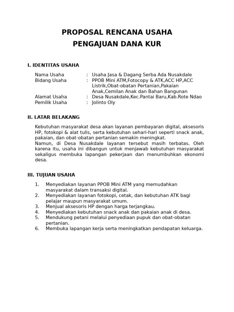 Proposal Rencana Usaha Kur Bri | PDF