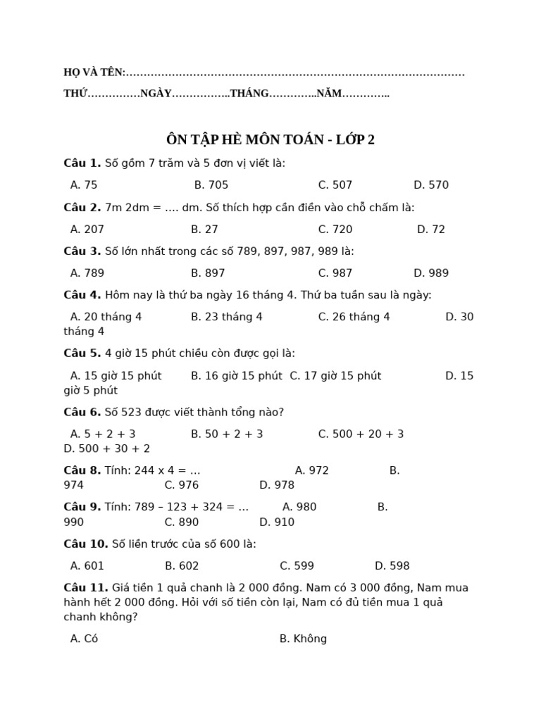 3. Ôn Tập Hè Môn Toán Lớp 2 | PDF