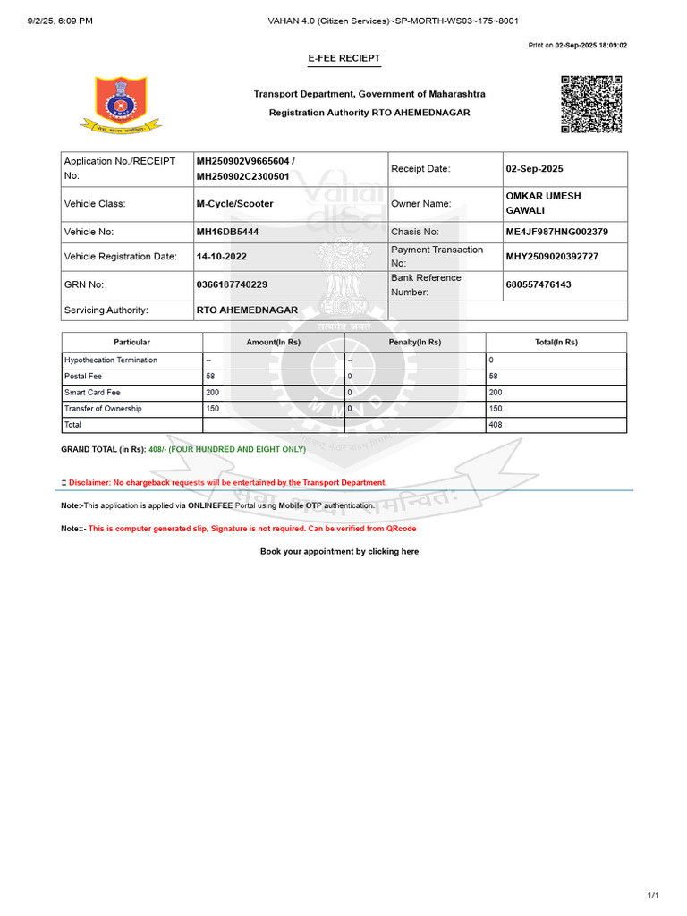 Vahan 4.0 (Citizen Services) Sp-Morth-Ws03 175 8001 | PDF | Receipt ...