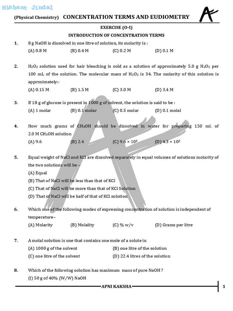 Sheet - 01 Concentration Terms & Eudiometry NJ - 247-1-26 | PDF | Mass ...