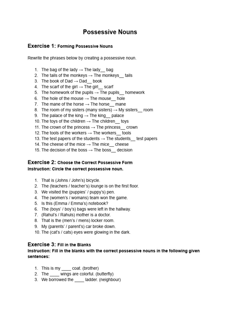 Class 4 Possessive Nouns Worksheet | PDF