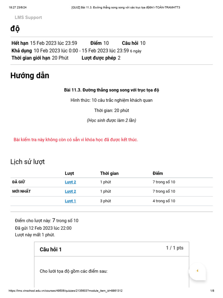 (QUIZ) Bài 11.3. Đường thẳng song song với các trục tọa độ6A1-TOÁN ...