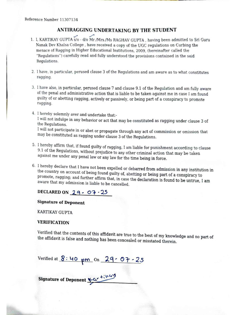 Anti-Ragging Undertaking | PDF