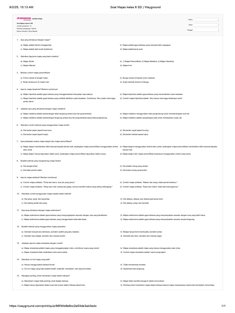 Soal Majas kelas 6 SD _ Wayground | PDF