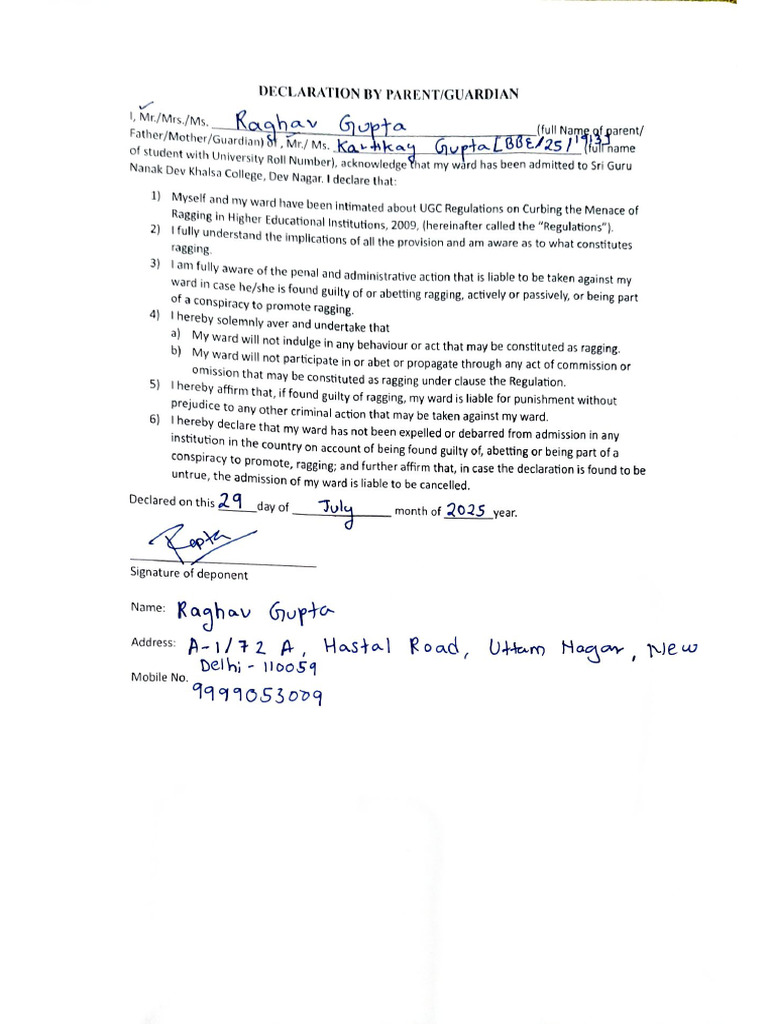 Declaration by Parent | PDF