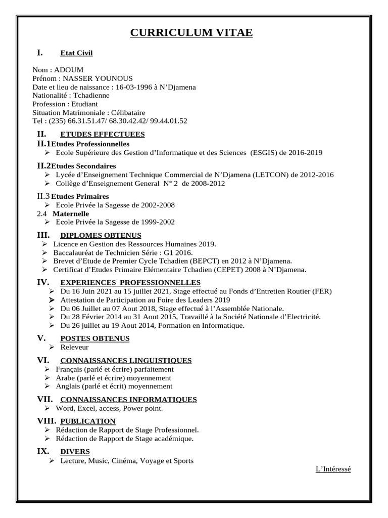 Curriculum Vitae Adoum Nasser Younous | PDF