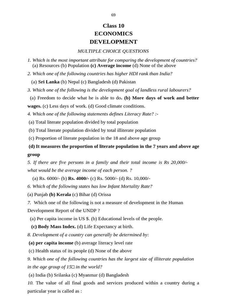 Class 10 - Economics - Chapter 1 - Development (1) Exam Prep - Ans Key ...