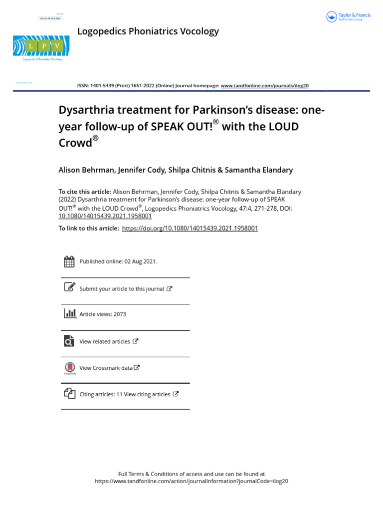Dysarthria Treatment For Parkinson S Disease One-Year Follow-Up of ...