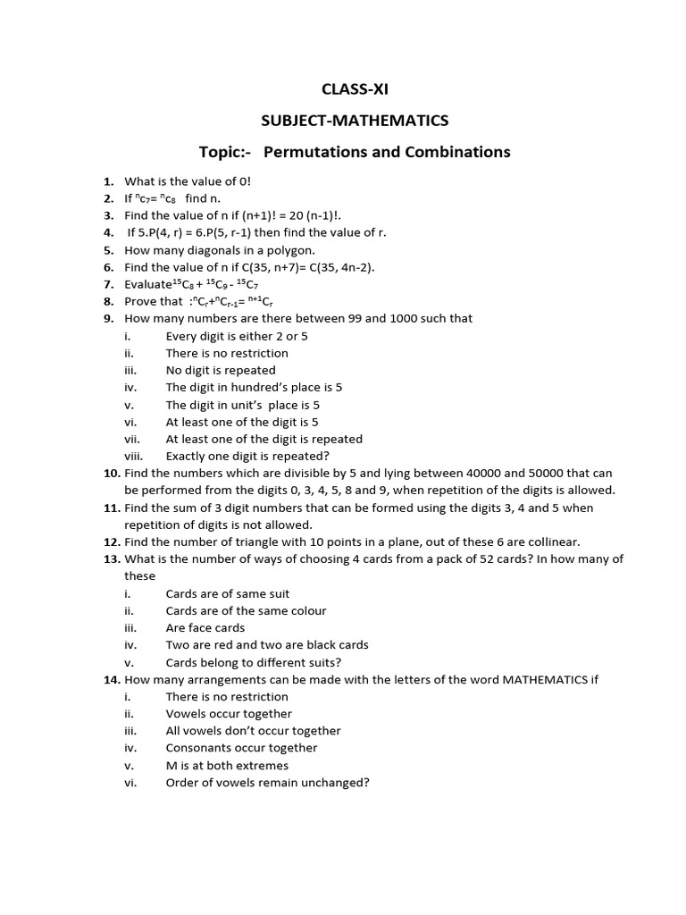Permutations and Combinations Exercises | PDF