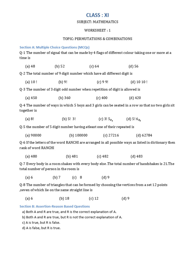 Workheet 1 Permutations and Combinations | PDF | Mathematics | Discrete Mathematics