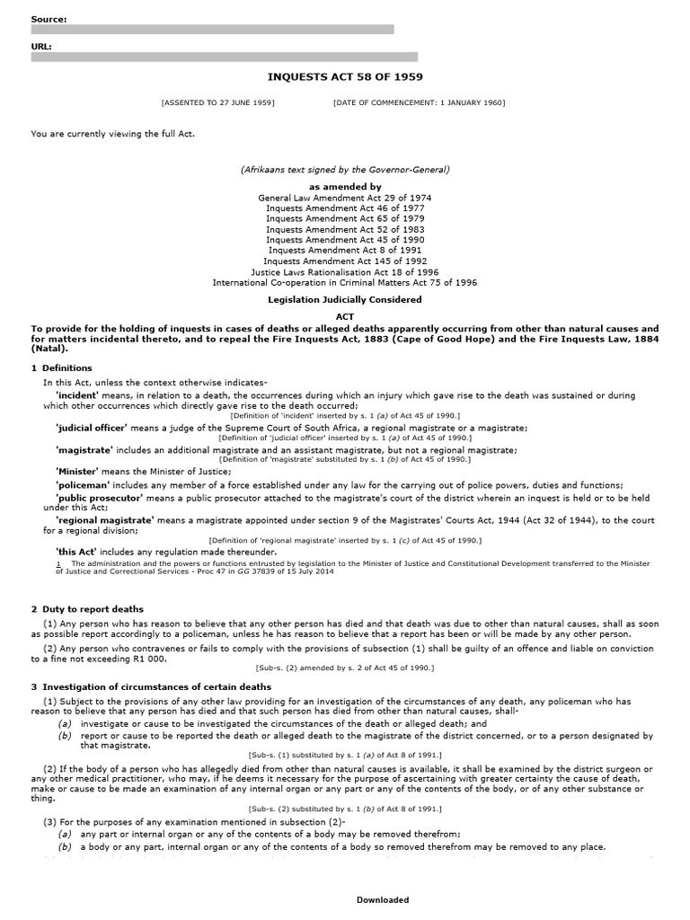 Inquests Act 58 of 1959 Overview | PDF | Perjury | Magistrate