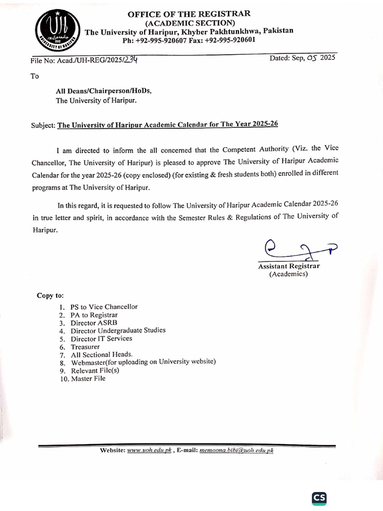 UOH Academic Calendar 2025-26 | PDF