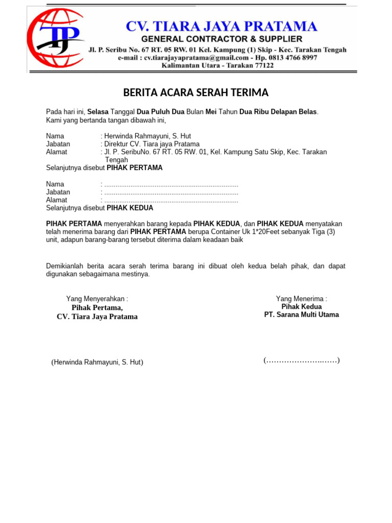 Serah Terima Barang CV. Tiara Jaya | PDF