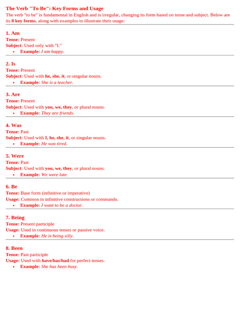 The Verb To Be Key Forms and Usage | PDF | Grammatical Tense | Verb