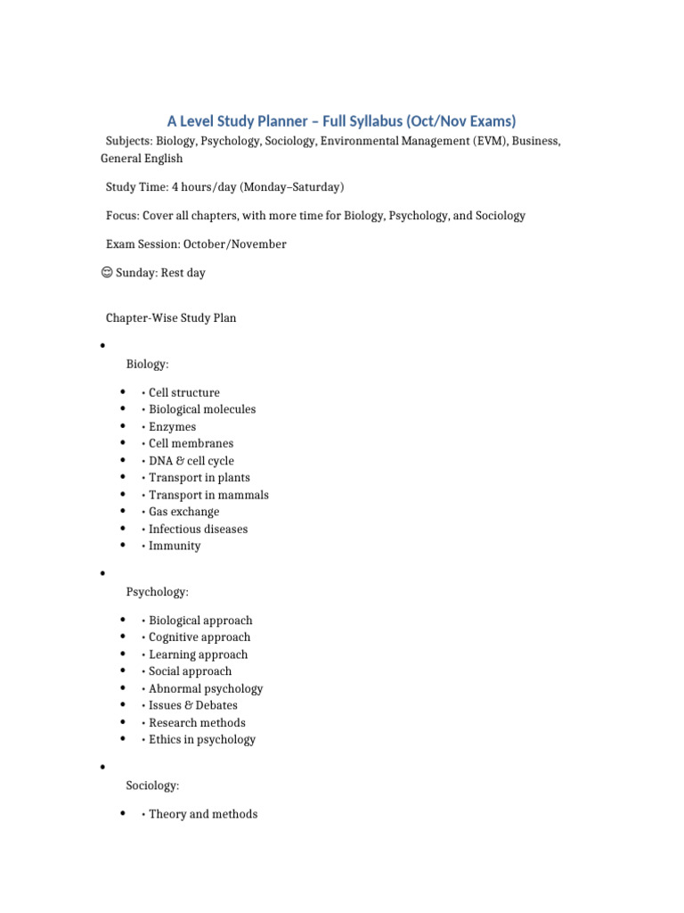 A Level Study Planner for Oct/Nov Exams | PDF
