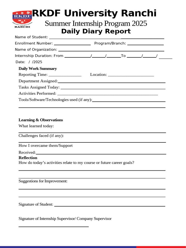 RKDF University Summer Internship Diary | PDF