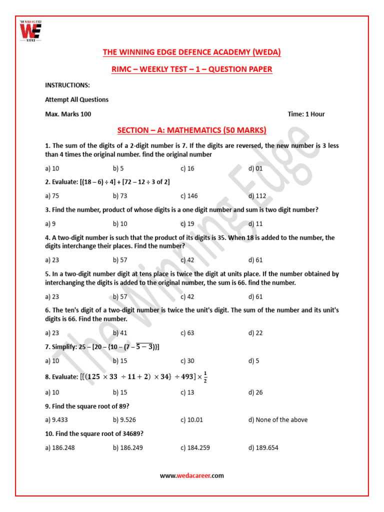 Rimc - Weekly Test - 1 - Question Paper-1 | PDF | Quantity