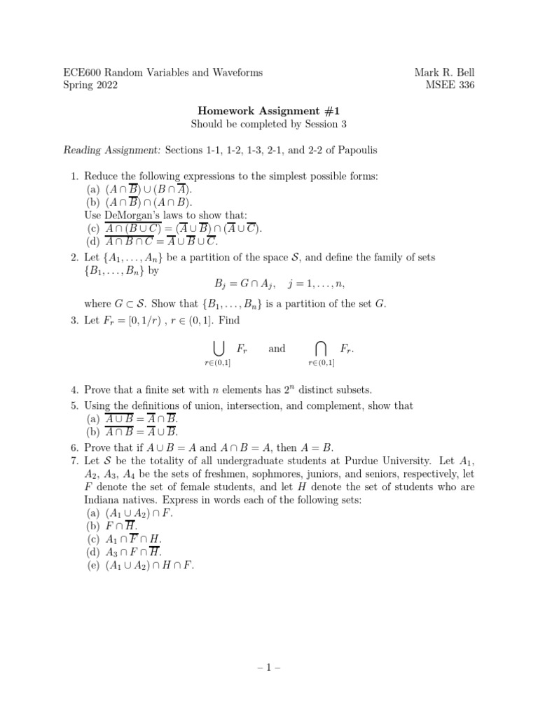 Random Variables and Set Theory Homework | PDF